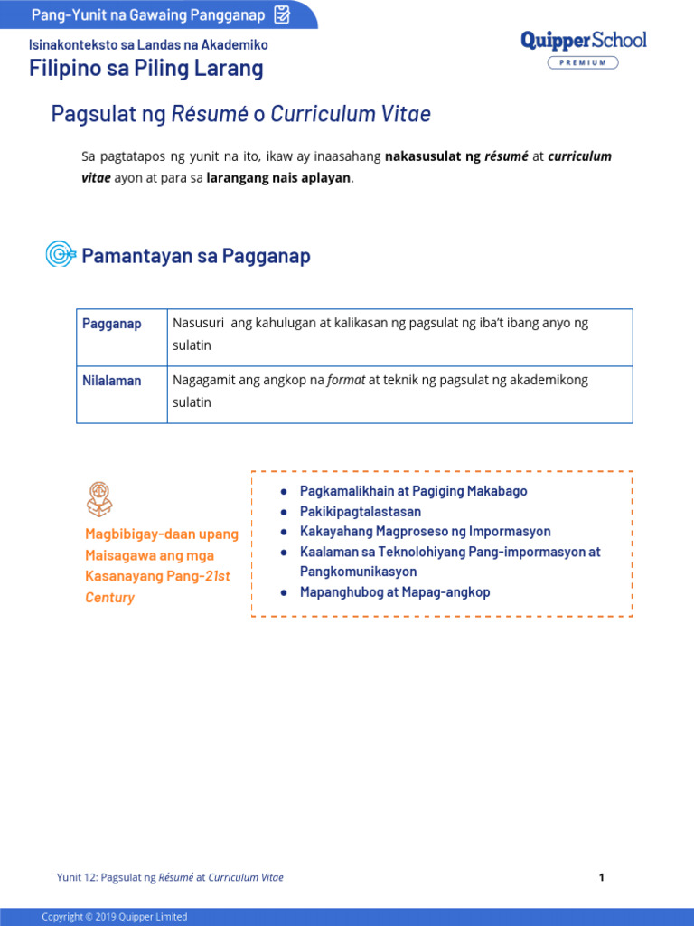 UPT - FPL 11 - 12 Q2 12PT - Pagsulat NG Resume at Curriculum Vitae | PDF