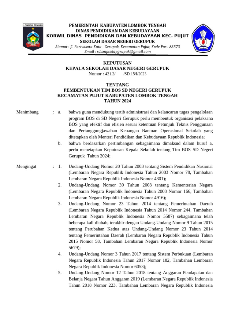 Contoh SK Tim BOS Reguler 2019 - WWW - Dapodik.co - Id | PDF