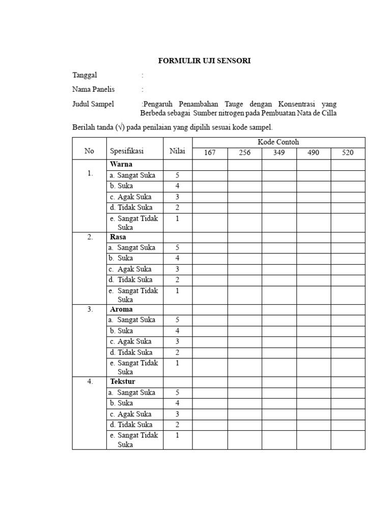 Formulir Uji Sensori | PDF