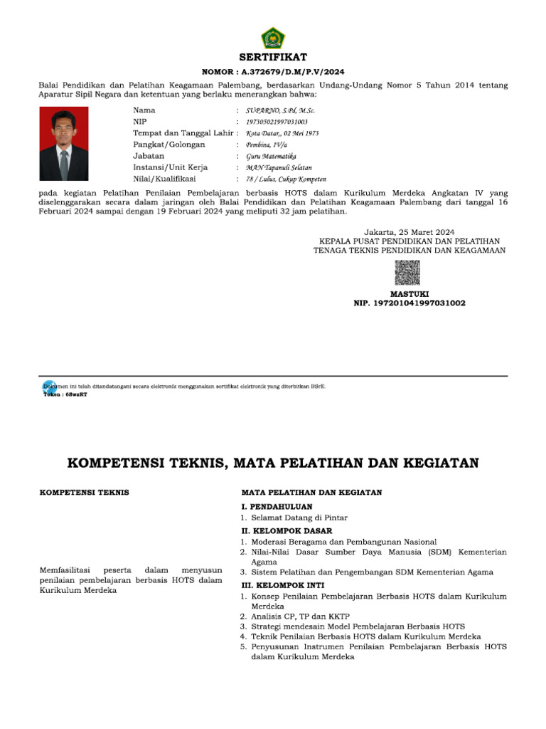 20240325-Sertifikat Pelatihan Penilaian Pem Angkatan IV | PDF