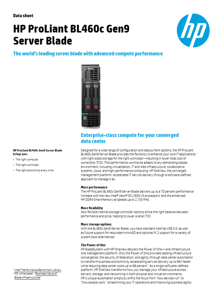 HP Proliant BL460c Gen9 Datasheet | PDF | Cloud Computing | Computer ...