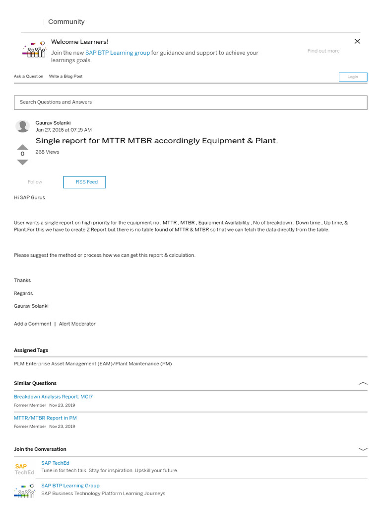 Single Report For MTTR MTBR Accordingly Equipment & Plant. - SAP ...