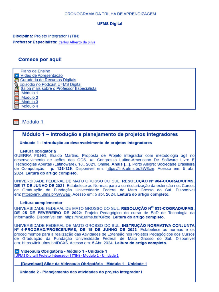 (UFMS Digital) Cronograma Da Trilha de Aprendizagem - PROJETO INTEGRADOR I - TIN | PDF ...