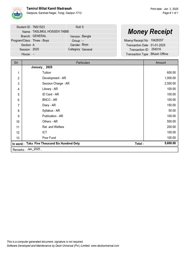 Tamirul Millat Kamil Madrasah Receipt Pdf