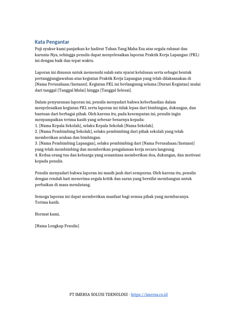 Contoh Kata Pengantar Laporan PKL | PDF