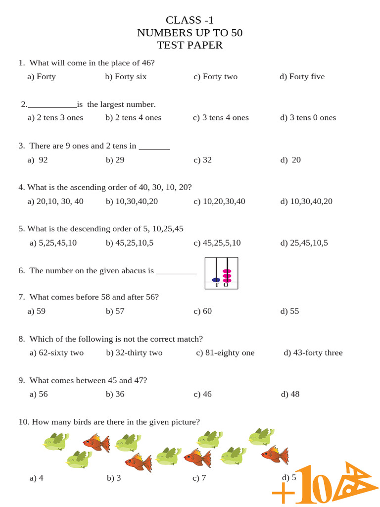 Class 1 Maths Test: Numbers 1-50 | PDF