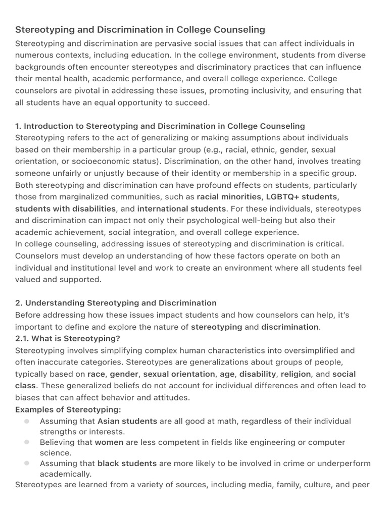 Stereotyping and Discrimination in College Counseling | PDF ...