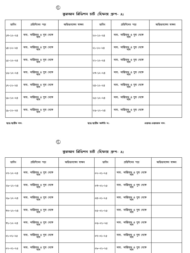 Holiday Hifz Chart | PDF