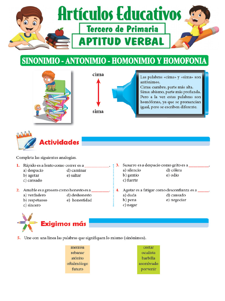 Sinonimio Antonimio Homonimio y Homofonia para Tercero de Primaria | PDF