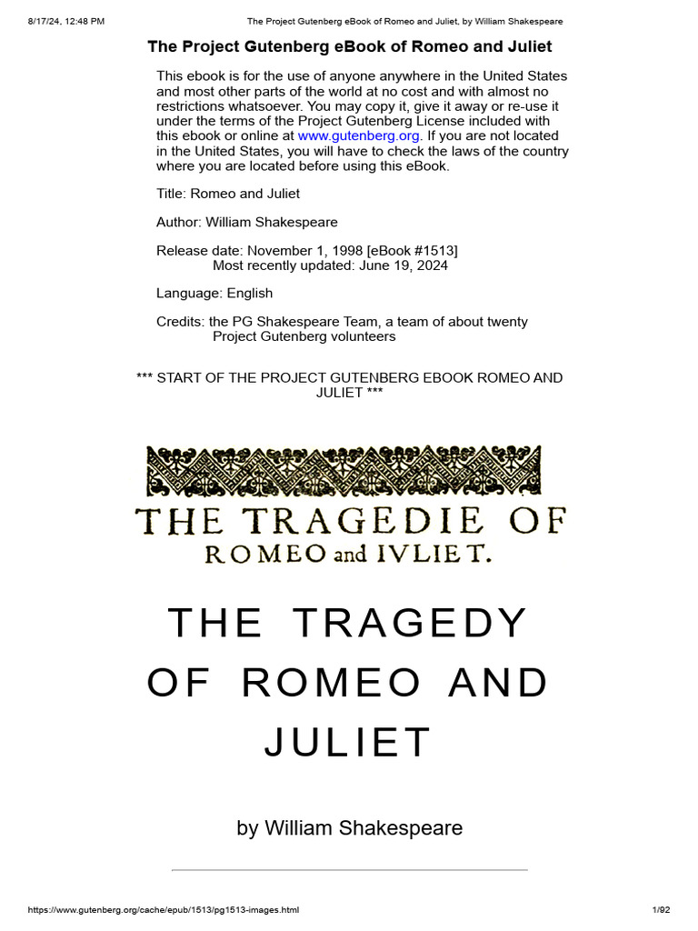 The Project Gutenberg Ebook of Romeo and Juliet, by William Shakespeare ...