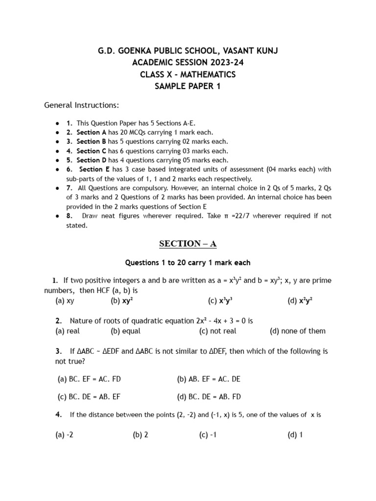 Sample Paper1-Class 10-Mathematics-Standard | PDF | Area | Circle