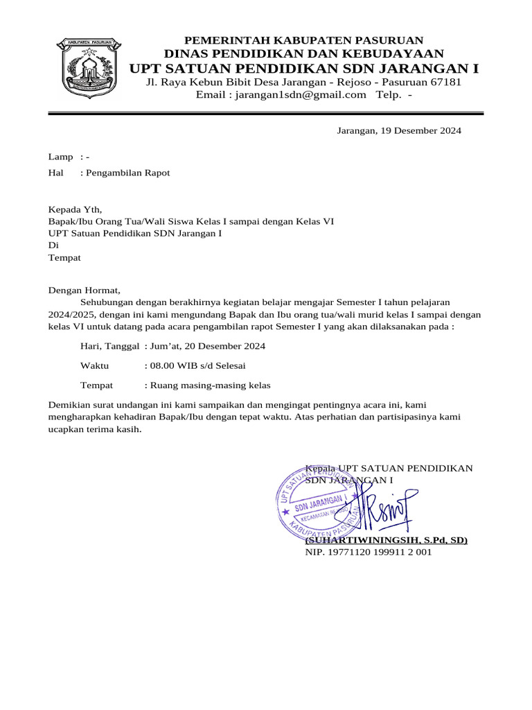 Surat Pengambilan Rapot | PDF