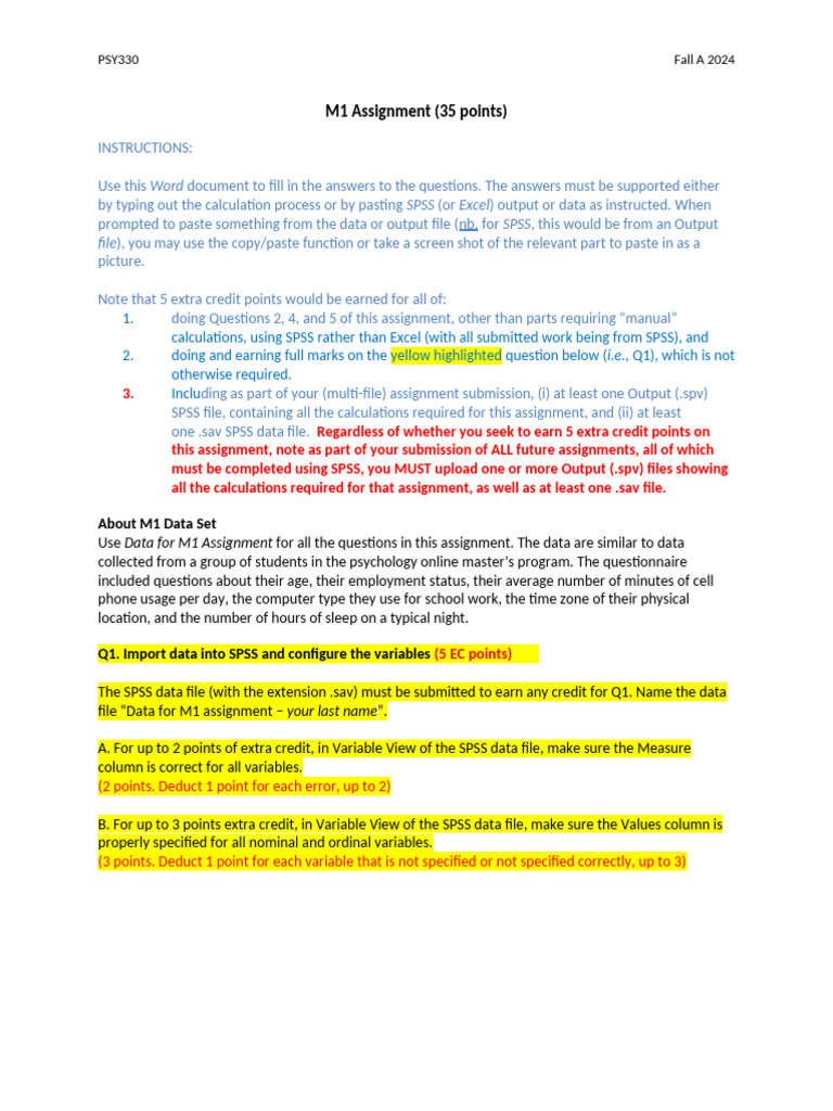PSY330 Fall 2024 M1 Assignment Guide | PDF | Spss | Statistics