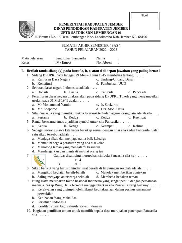 Soal IKM Kelas 4 SAS PKN | PDF