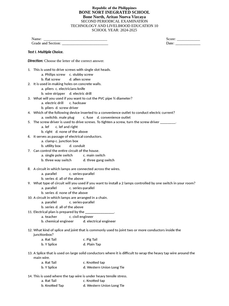 Electrical Installation and Maintenance Test I Multiple Choice Choose ...