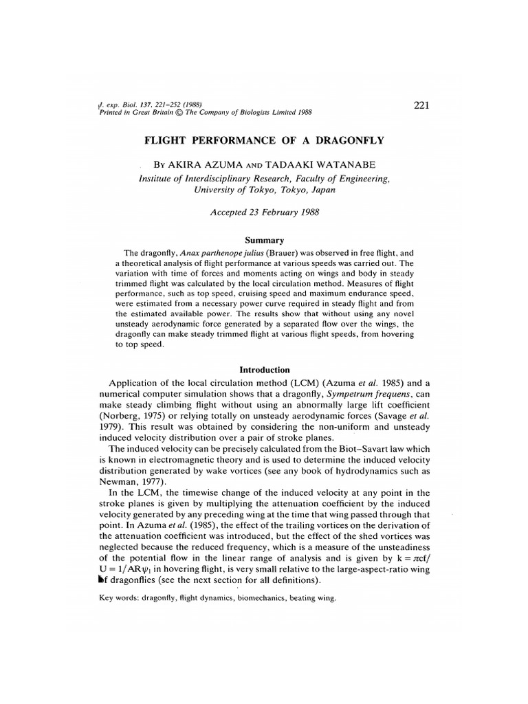 Flight Performance of A Dragonfly | PDF | Lift (Force) | Drag (Physics)