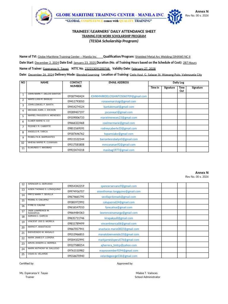 Annex P Daily Attendance Sheet | PDF | Welding | Construction Annex P Daily Attendance Sheet | PDF | Welding | Construction