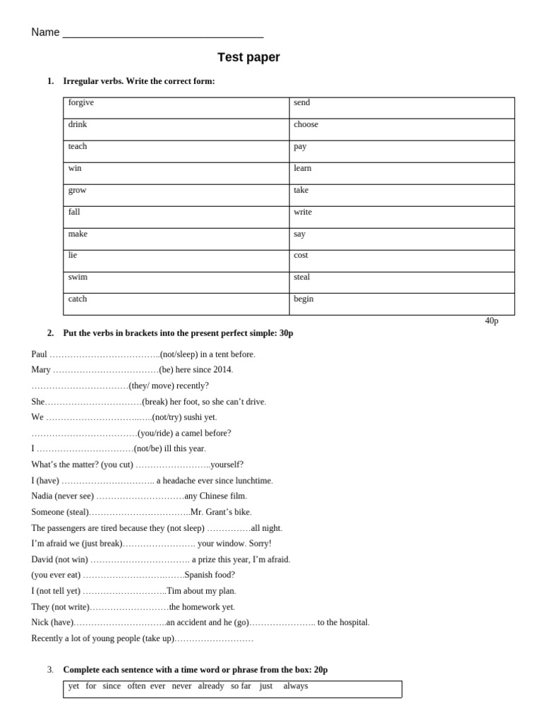 Irregular Verbs and Present Perfect Test | PDF | Language Mechanics ...