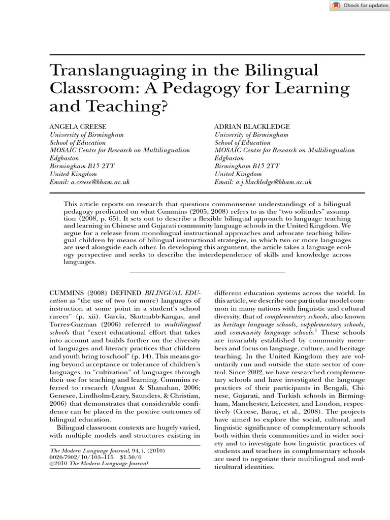 The Modern Language Journal - 2010 - CREESE - Translanguaging in The Bilingual Classroom A ...