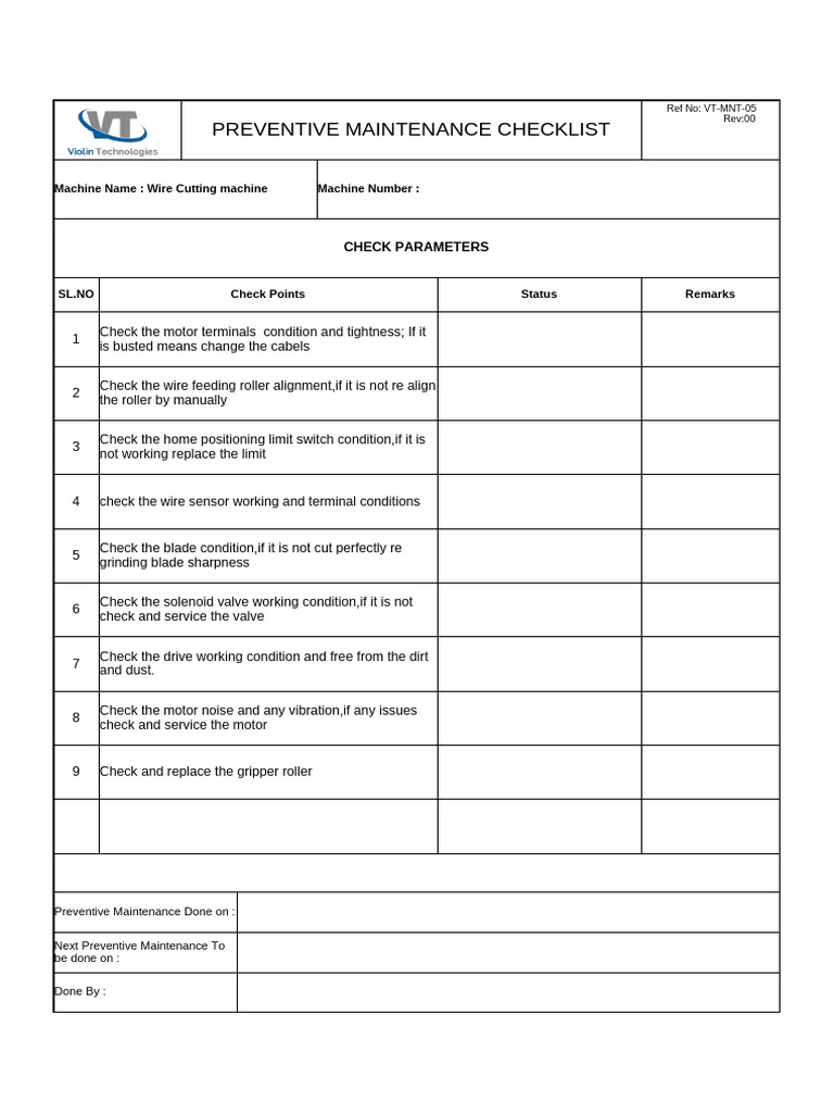 VT MNT F 05 Preventive Maintenance Checklist | PDF | Valve | Relay