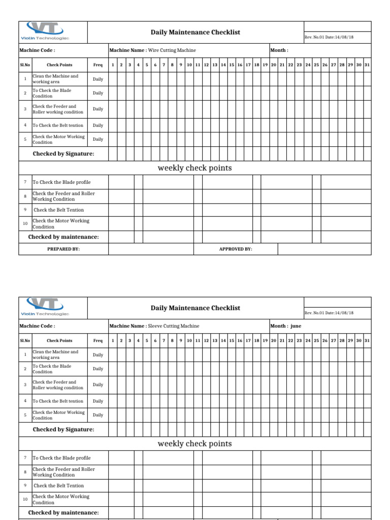 VT MNT F 03 Daily Maintenance Checklist | PDF | Manufactured Goods ...