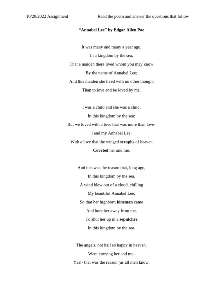 Annabel Lee Worksheet 22 | PDF