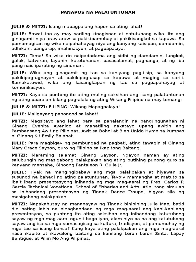 PANAPOS NA PALATUNTUNAN Script | PDF
