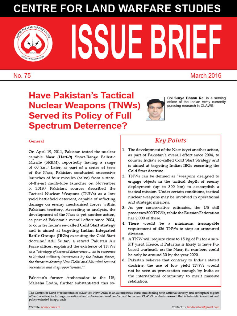 Have Pakistans Tactical Nuclear Weapons TNWs Served Its Policy of Full ...