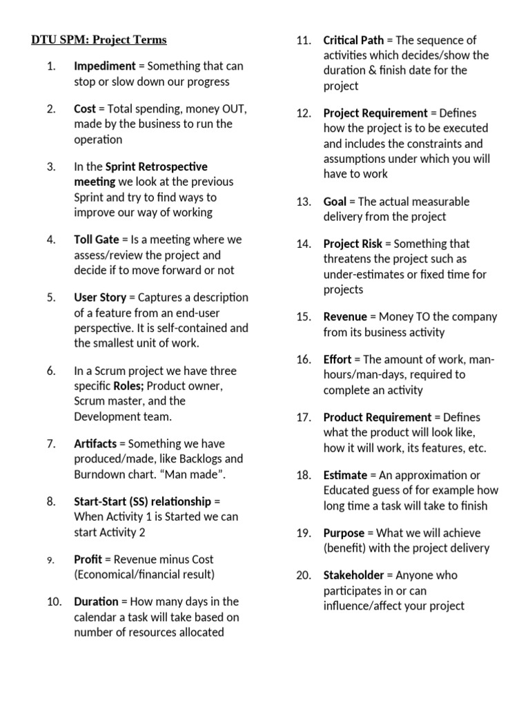 SPM - 20 Project Term Definitions | PDF | Scrum (Software Development) | Business