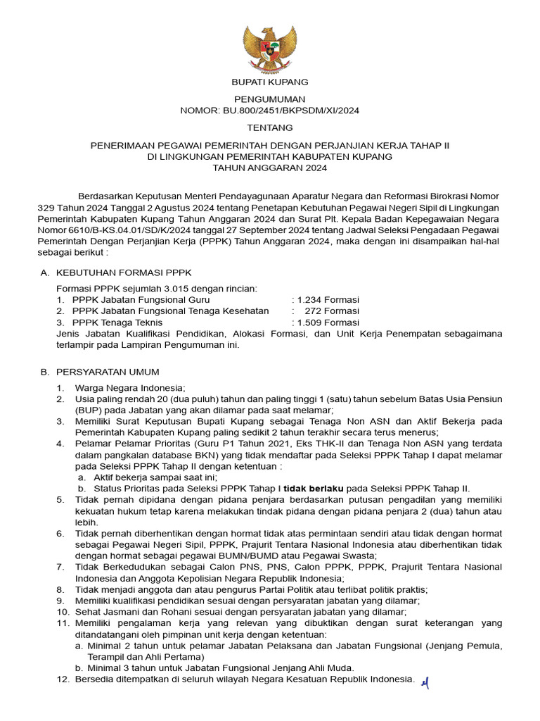 Pengumuman PPPK Tahap II Kab. Kupang 2024 | PDF