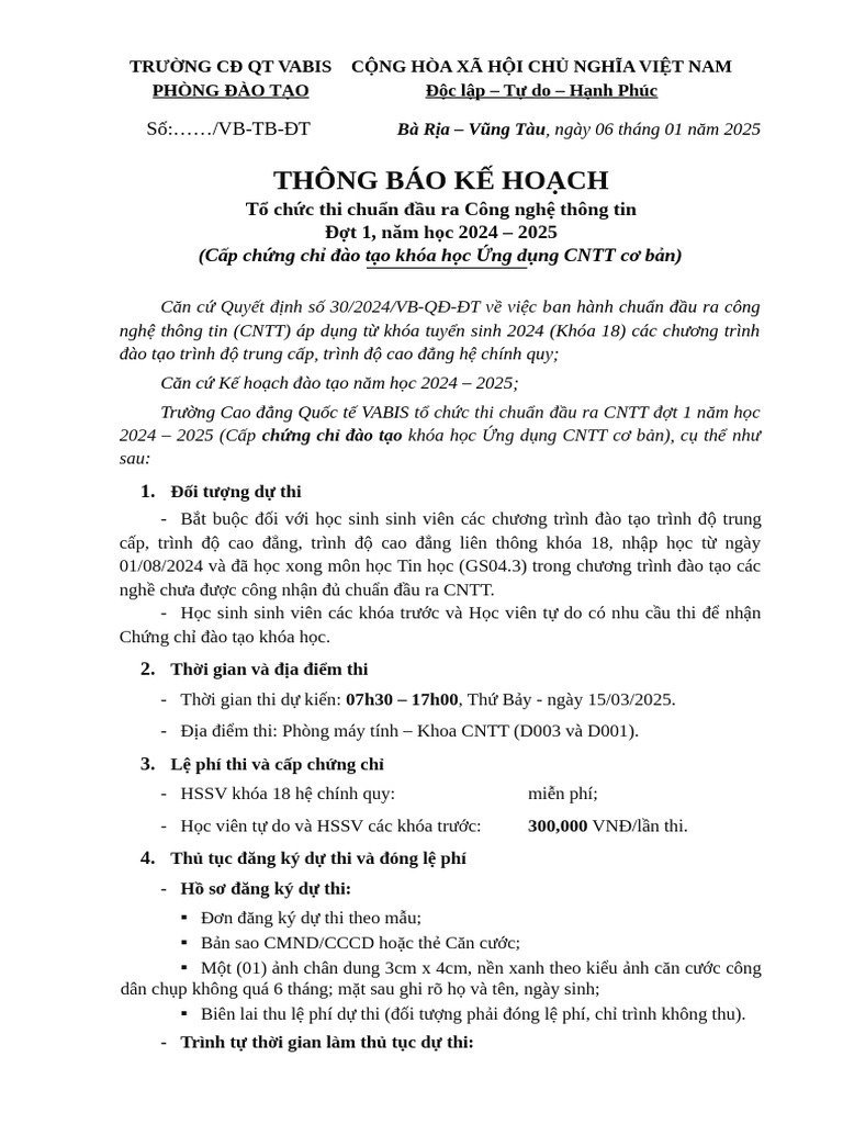 Khoa CNTT - Ke Hoach Thi Chuan Dau Ra CNTT - Dot 1 Nam Hoc 2024-2025 | PDF