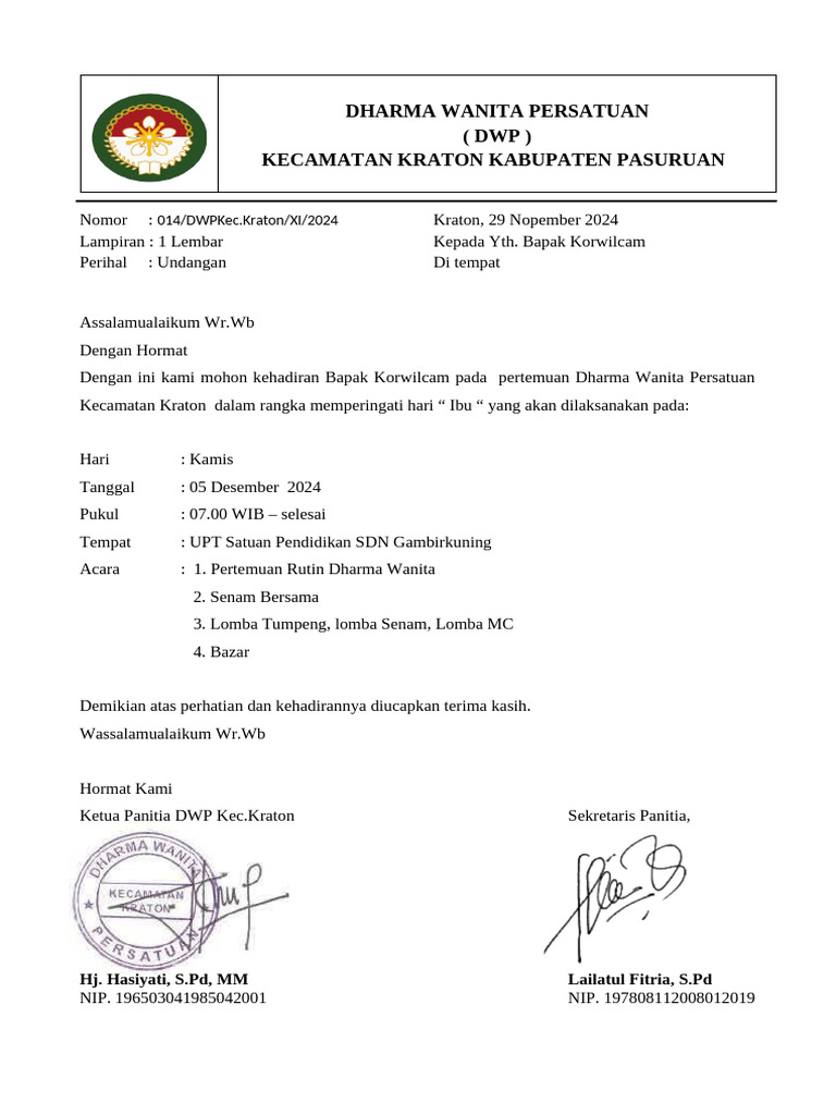 Surat Undangan DWP Untuk Korwilcam | PDF