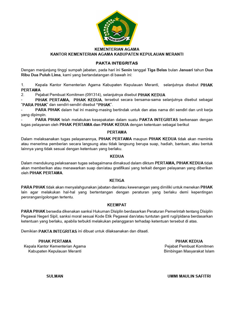 Pakta Integritas | PDF