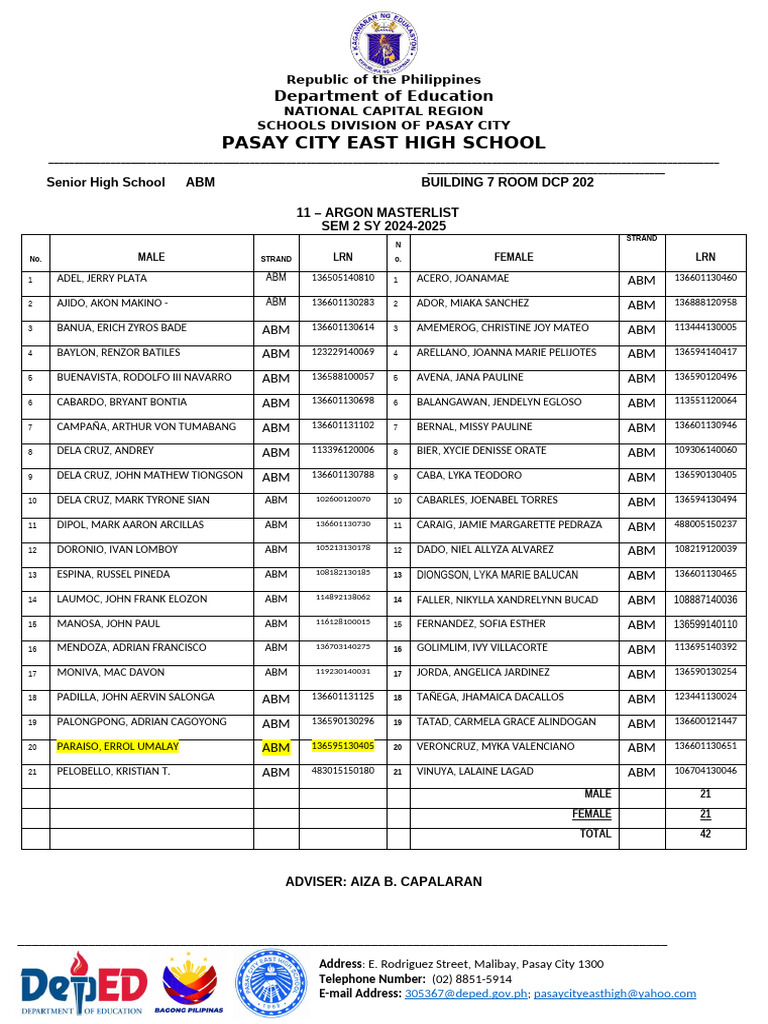 11-ARGON-CAPALARAN-MASTERLIST-2024-2025 | PDF