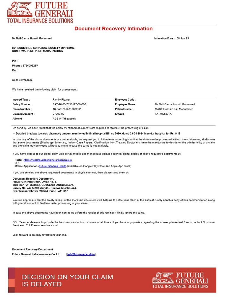 Claim Deficiency Letter 18229037 | PDF | Service Industries