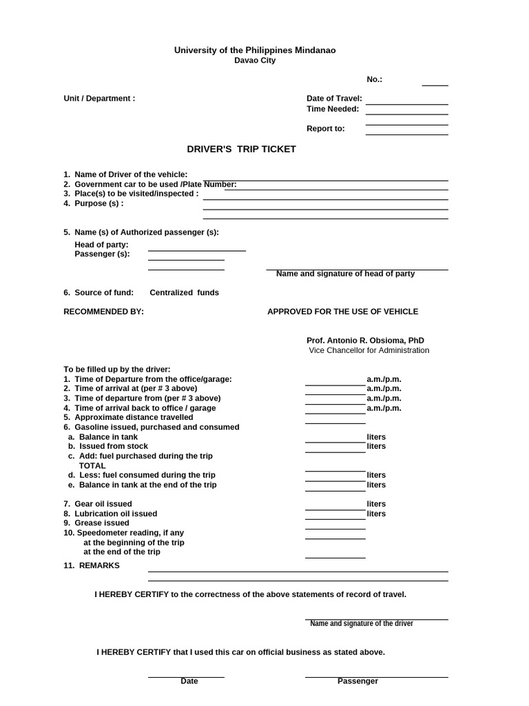 UP Mindanao Driver's Trip Ticket Form | PDF | Fuels | Transport
