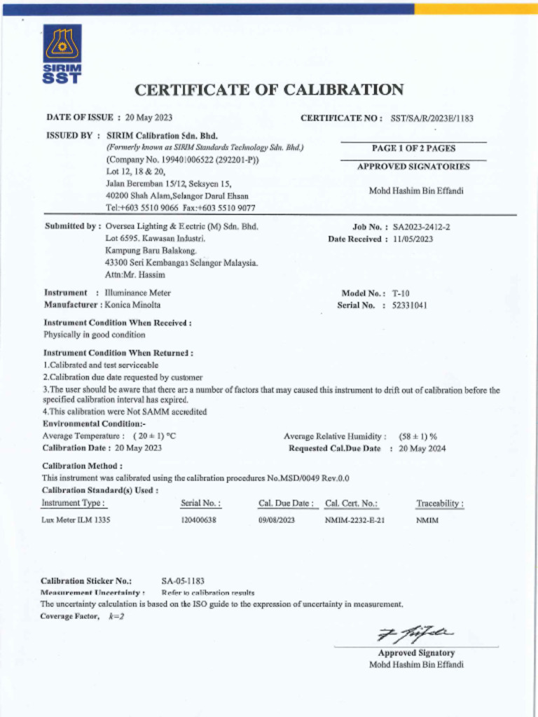 Cal - Cert T-10 Exp 20.5.24 | PDF