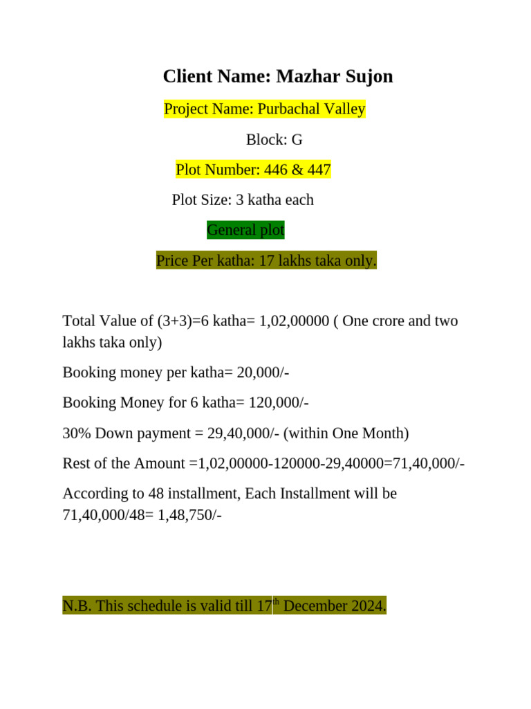 Purbachal Valley Plot Pricing Details | PDF