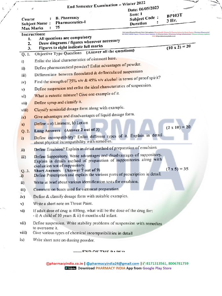 Pharmaceutics 1 Winter 2022 Question Paper Dbatupharm | PDF