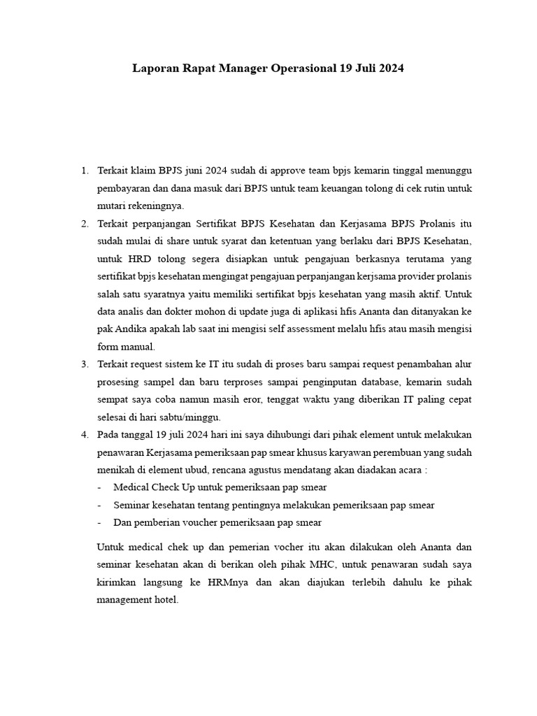 Laporan Rapat Manager Operasional 19 Juli 2024 | PDF