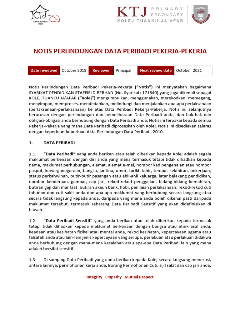 Notis Perlindungan Data Peribadi Pekerja Policy | PDF