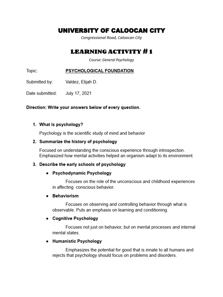 Elijah-Valdez-Learning-Activity-1 | PDF | Psychology | Cognition