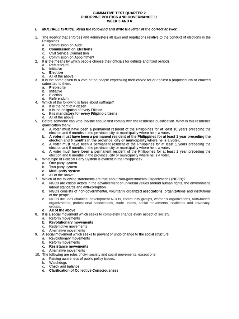 Philippine Politics Governance Test Q2 | PDF | Elections | Democracy