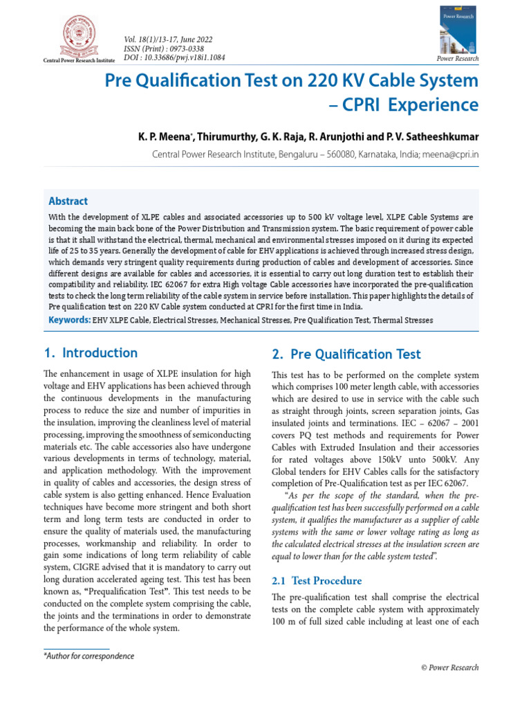 Pre Qualification Test On 220 KV Cable System - CPRI Experience | PDF ...