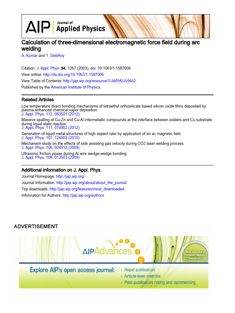 Calculation of Three-Dimensional Electromagnetic Force Field During Arc Welding - Kumar, DebRoy ...