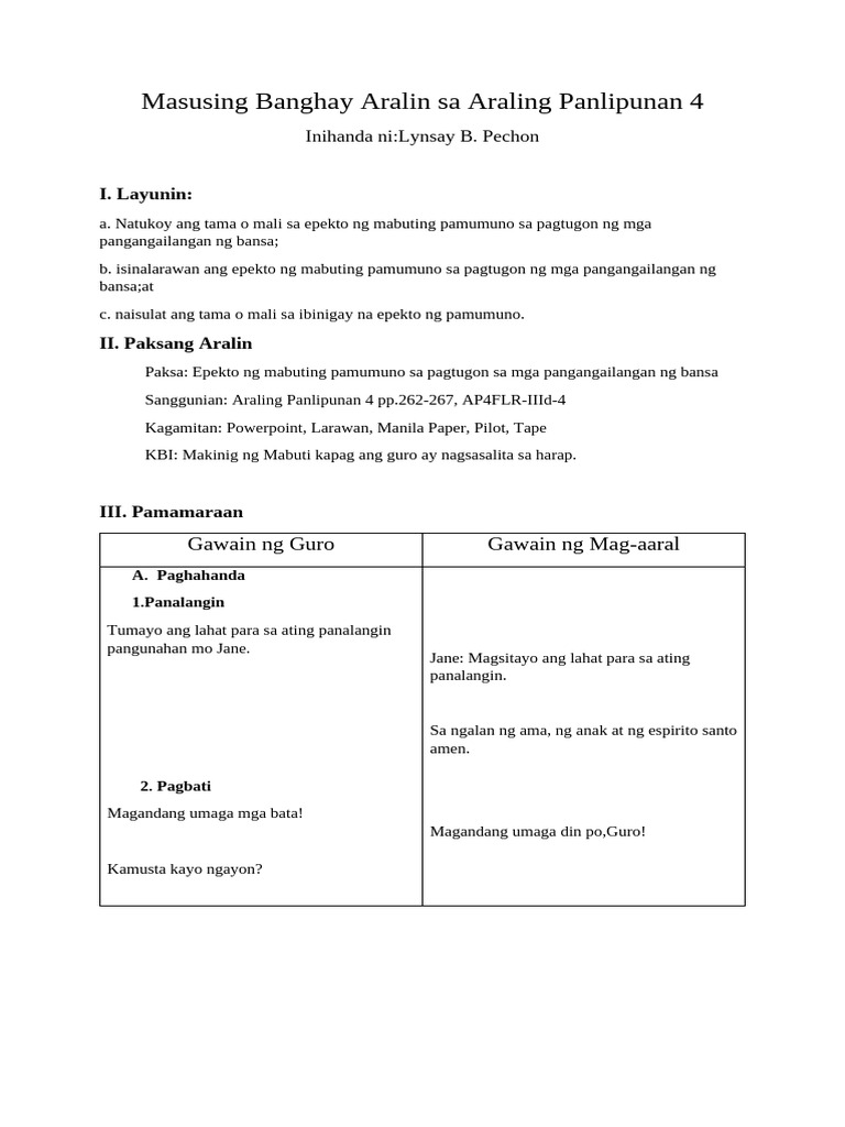 Masusing Banghay Aralin Sa Araling Panlipunan 4 | PDF