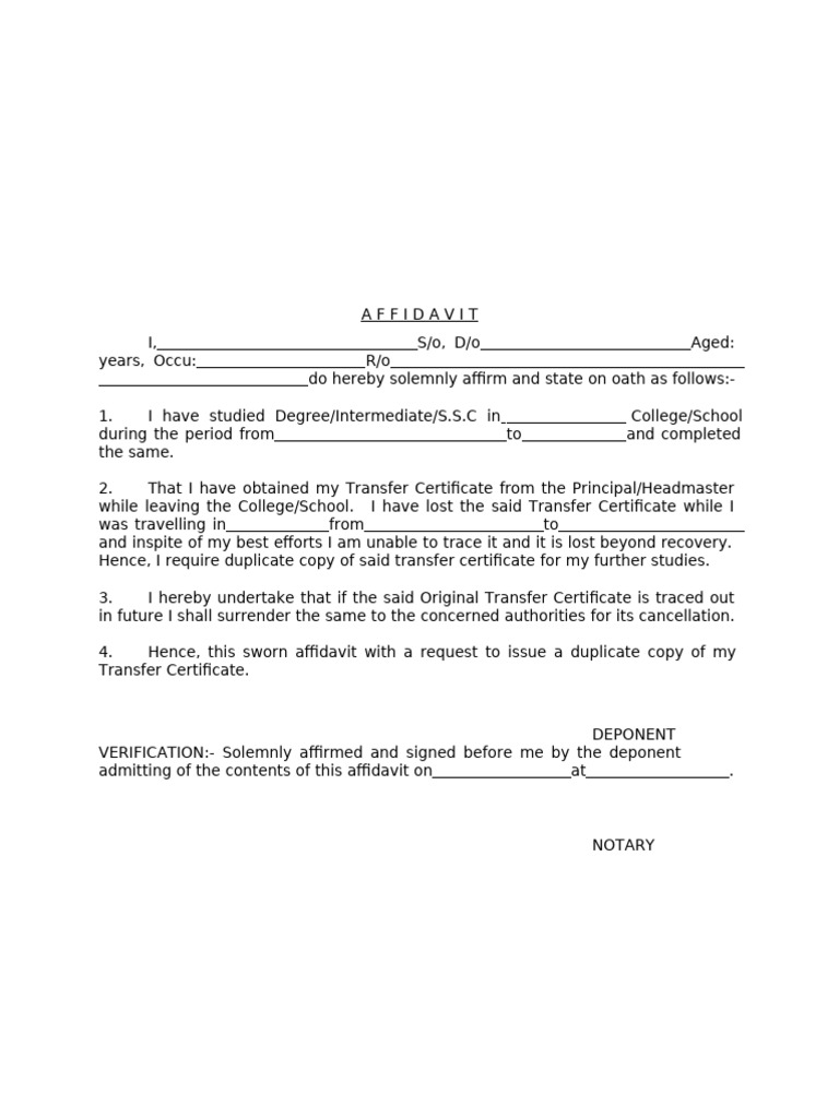 Affidavit For Obtaining Duplicate Copy of Transfer Certificate | PDF