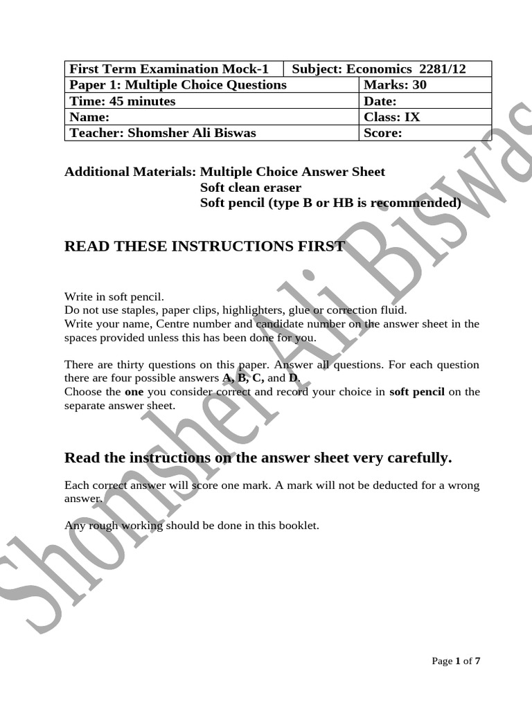 IX Eco P1 MT Exam Mock 1 S3W3 Some MCQs Are Repeat X Mock1 | PDF | Cost ...