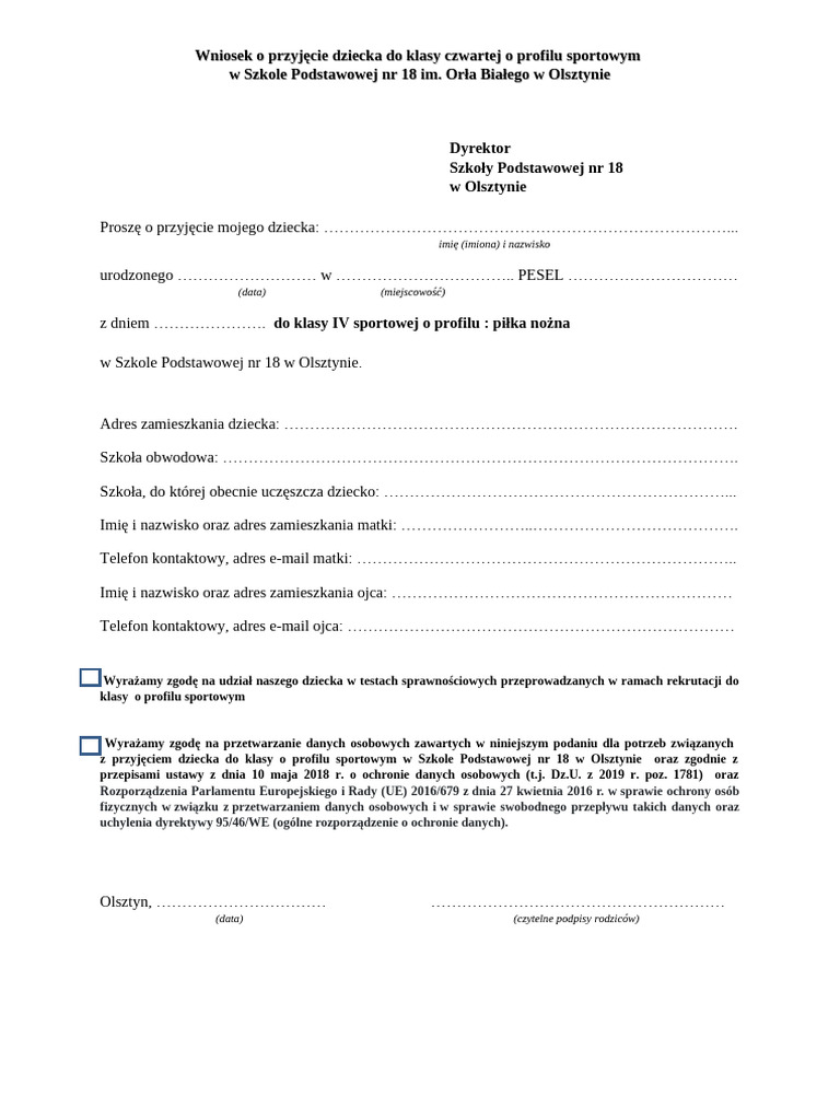 Wniosek o Przyjä Cie Do Klasy Sportowej | PDF