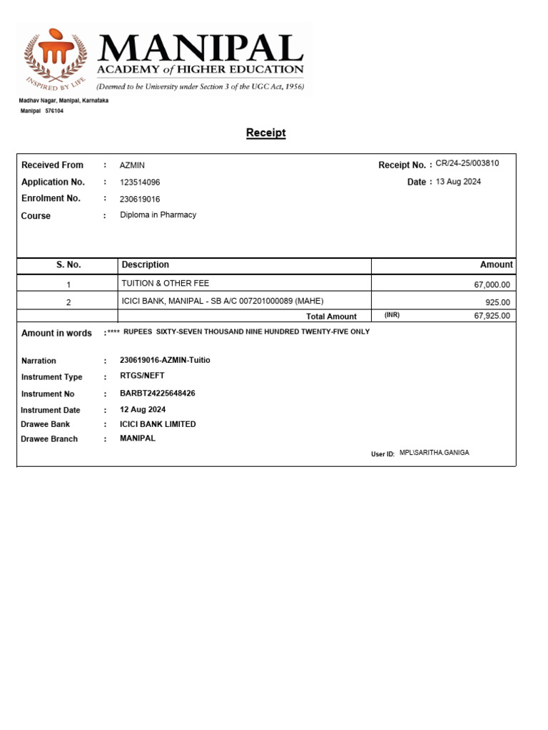 Student Receipt | PDF